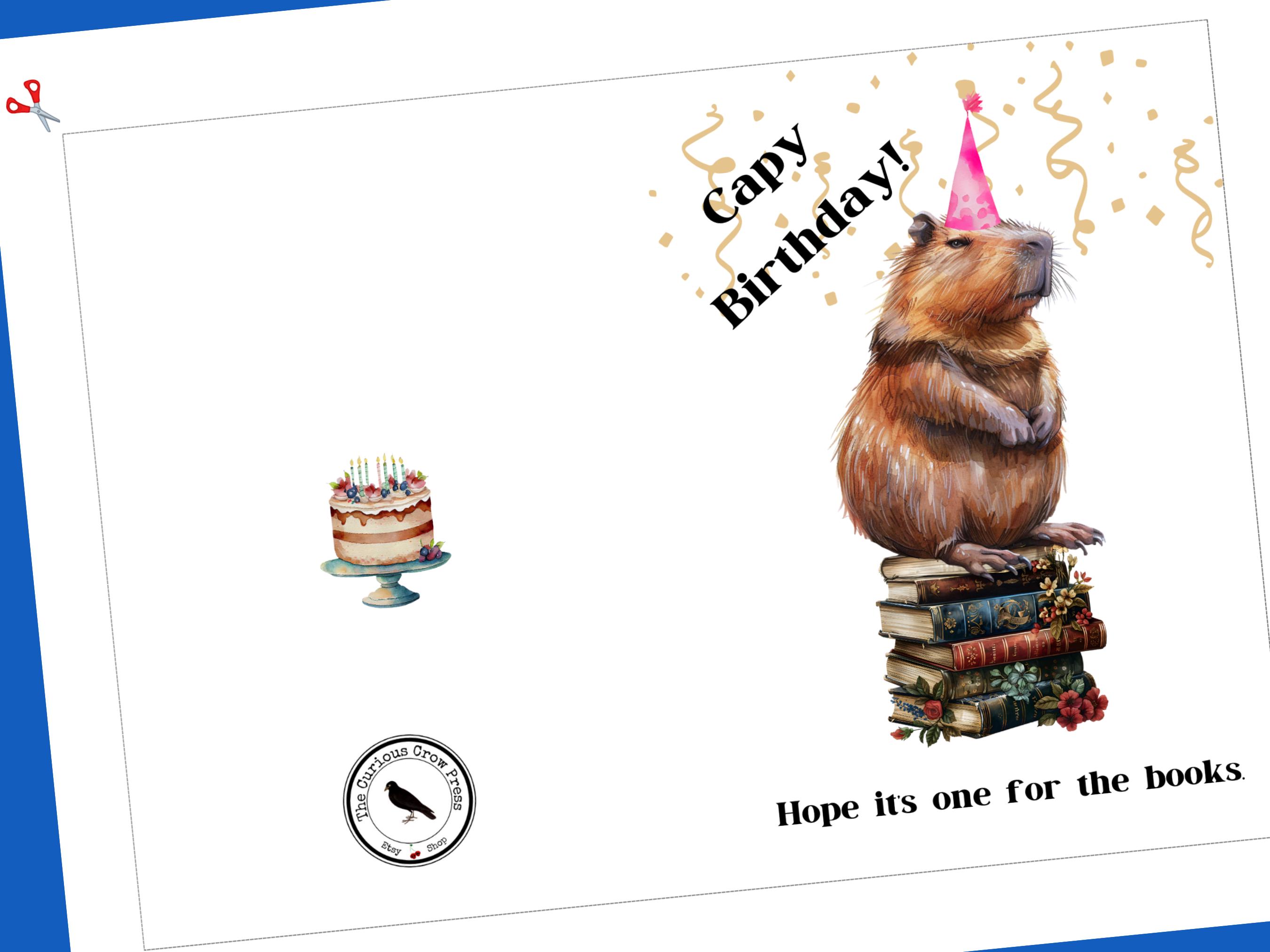 Capybara and Books Printable Birthday Card | Cute Capy Happy Birthday ...