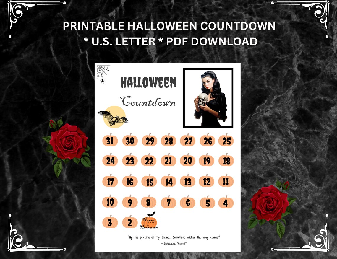 Halloween Calendar Printable | Halloween Countdown | Goth Wall Art ...