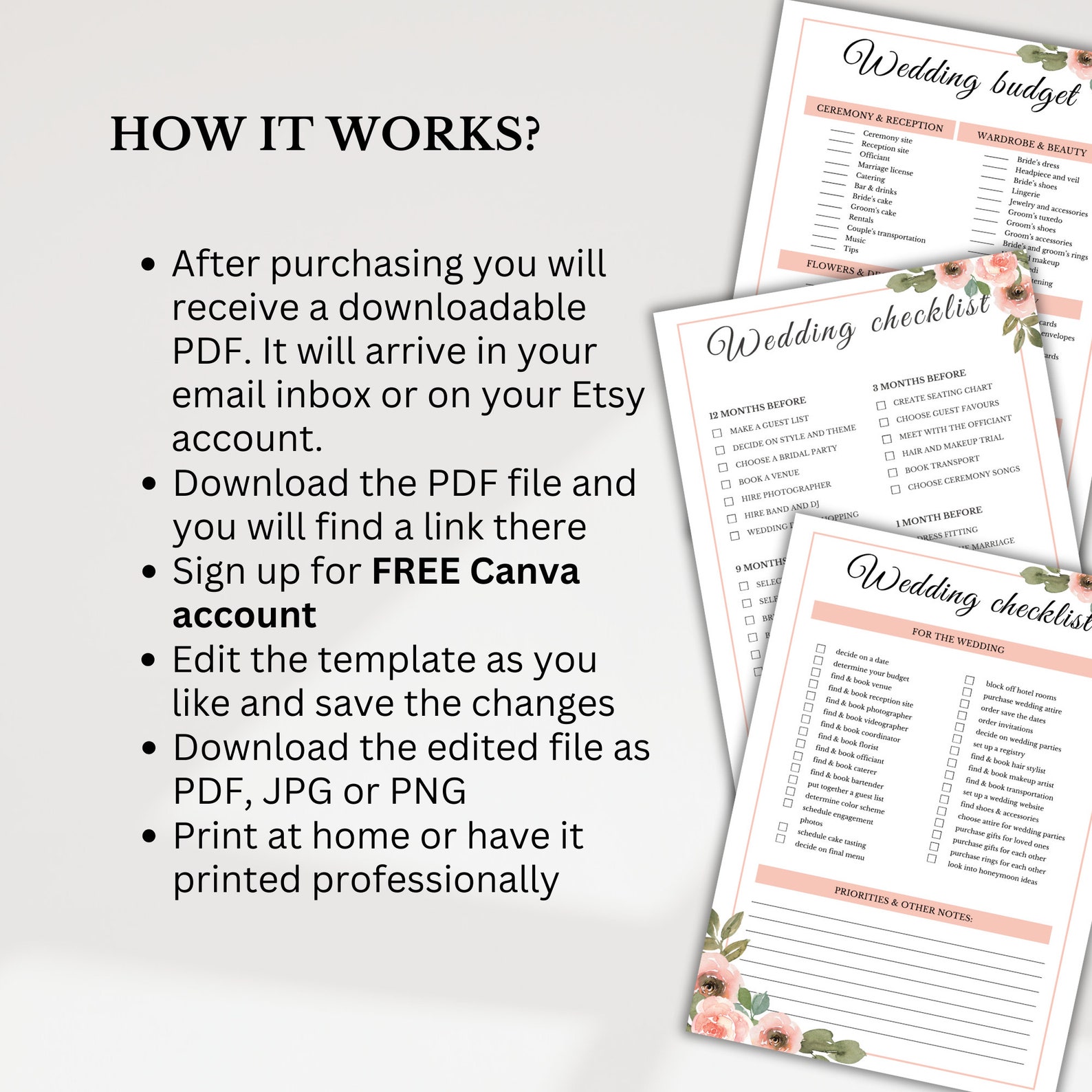 Peach Fuzz Wedding Checklist, Printable Floral Wedding Planner, Simple ...