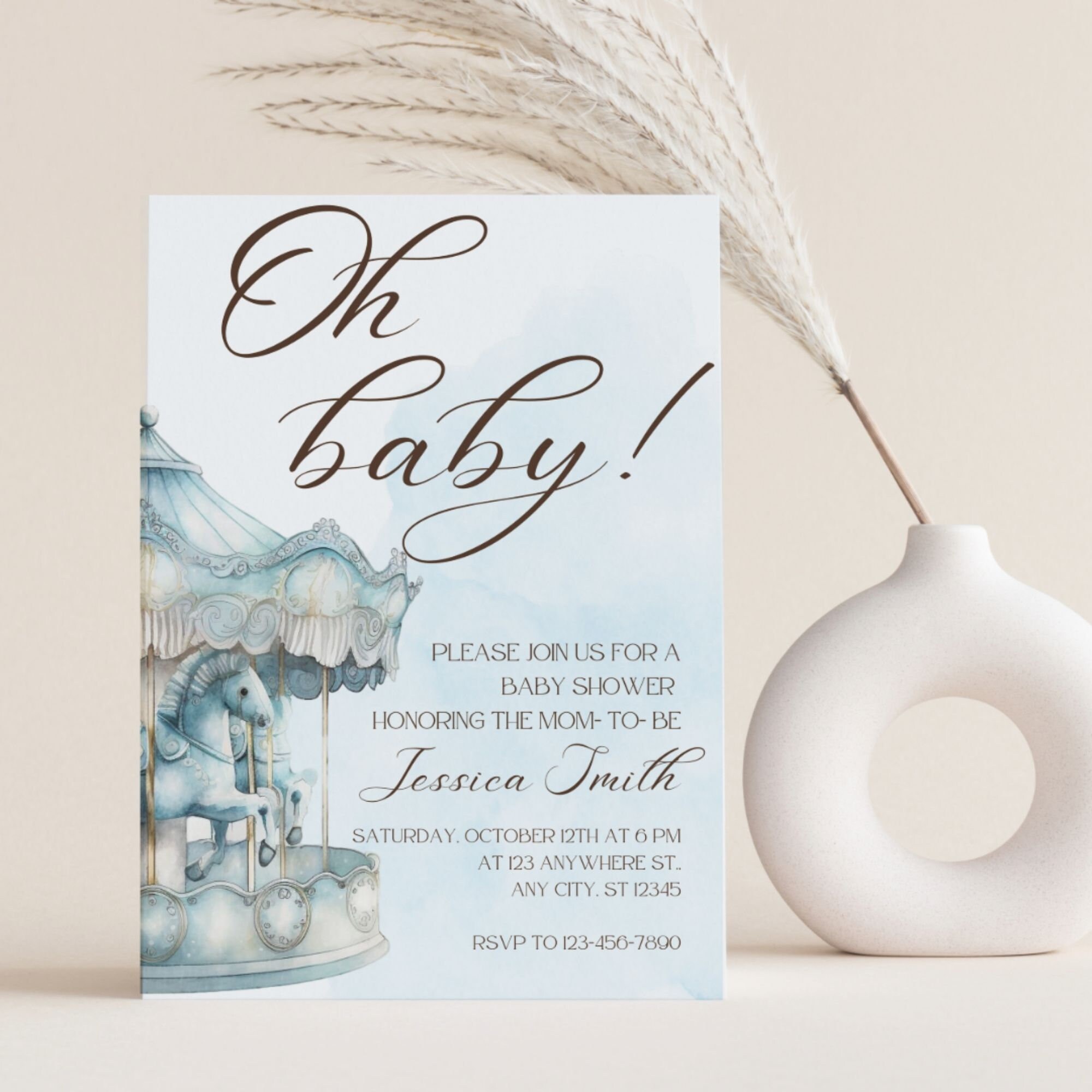 Blue Carrousel Baby Shower Invitation Set, Carrousel Baby Boy Shower ...