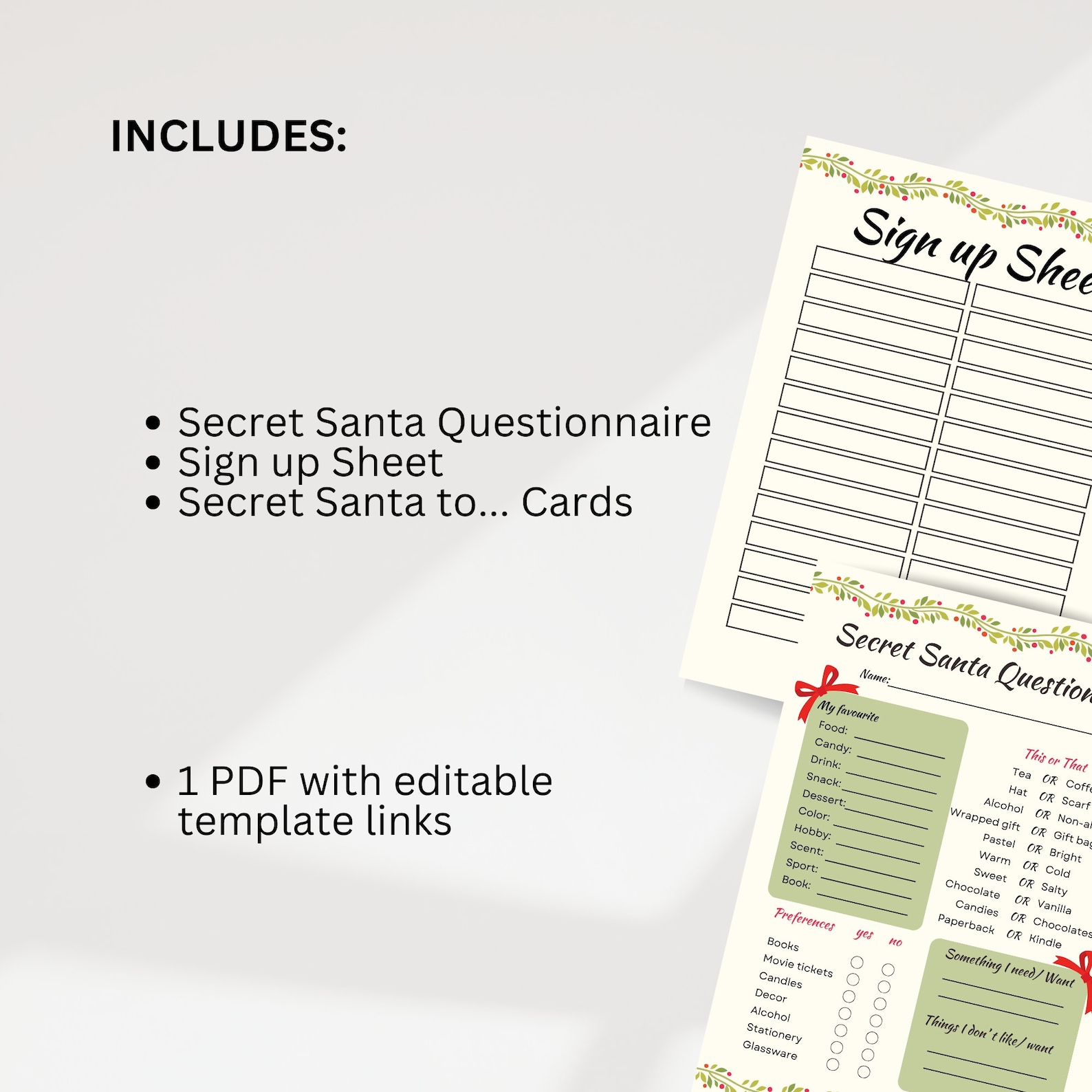 Secret Santa Questionnaire Bundle | Printable Christmas Gift List ...
