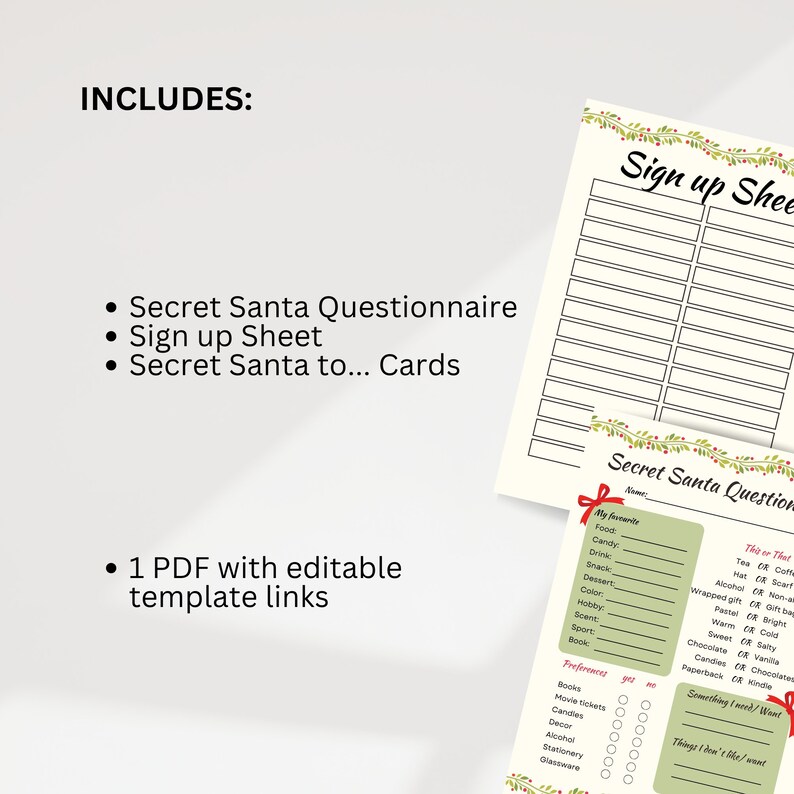 Secret Santa Questionnaire Bundle | Printable Christmas Gift List ...
