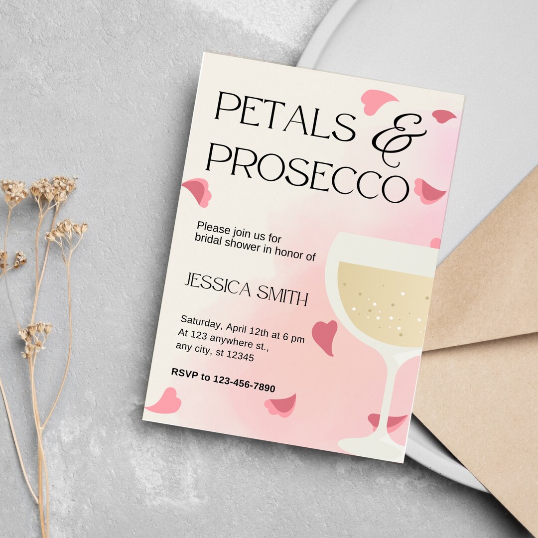 Petals and Prosecco Bridal Shower Invitation Template, Editable ...