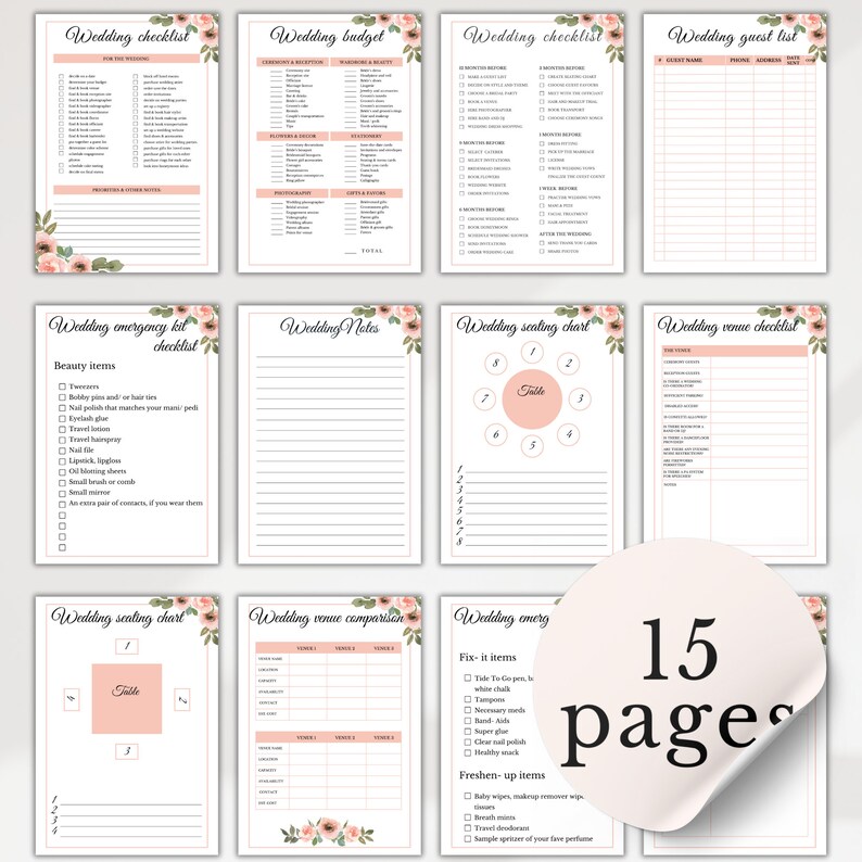 Peach Fuzz Wedding Checklist, Printable Floral Wedding Planner, Simple ...