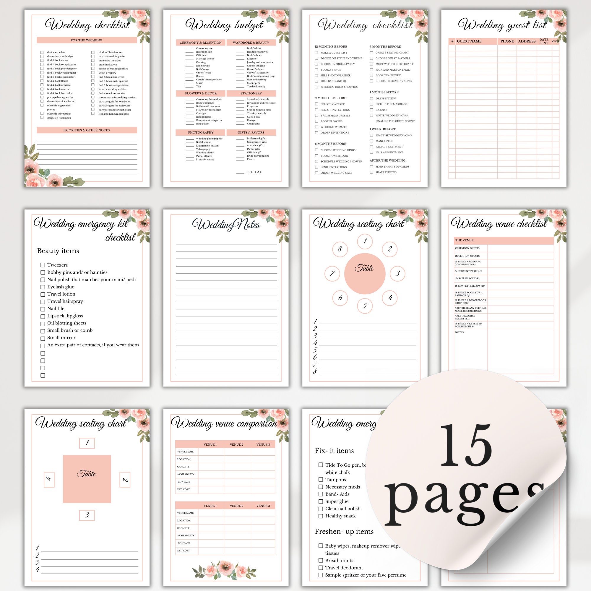 Peach Fuzz Wedding Checklist, Printable Floral Wedding Planner, Simple ...