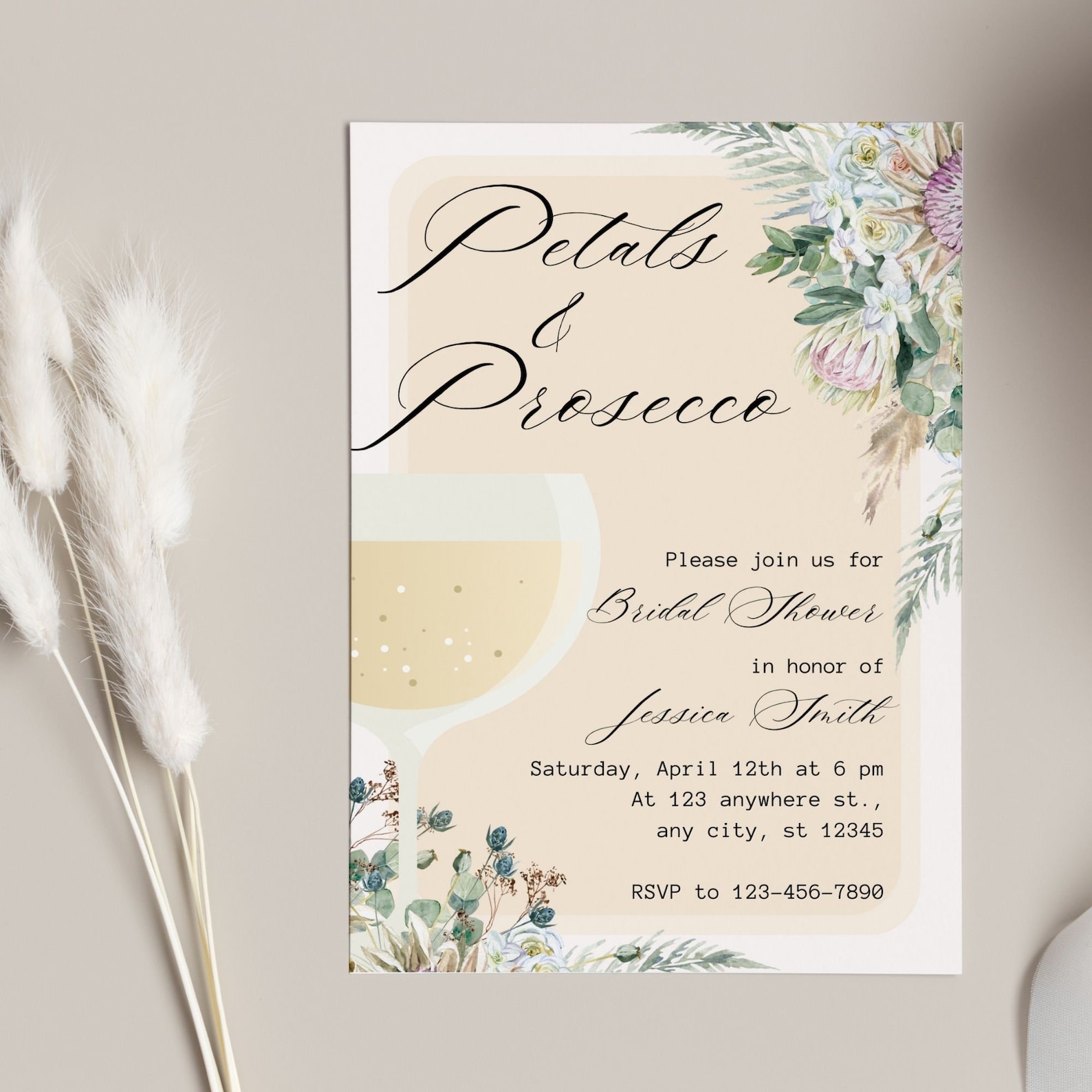 Petals and Prosecco Bridal Shower Invitation Template, Editable ...