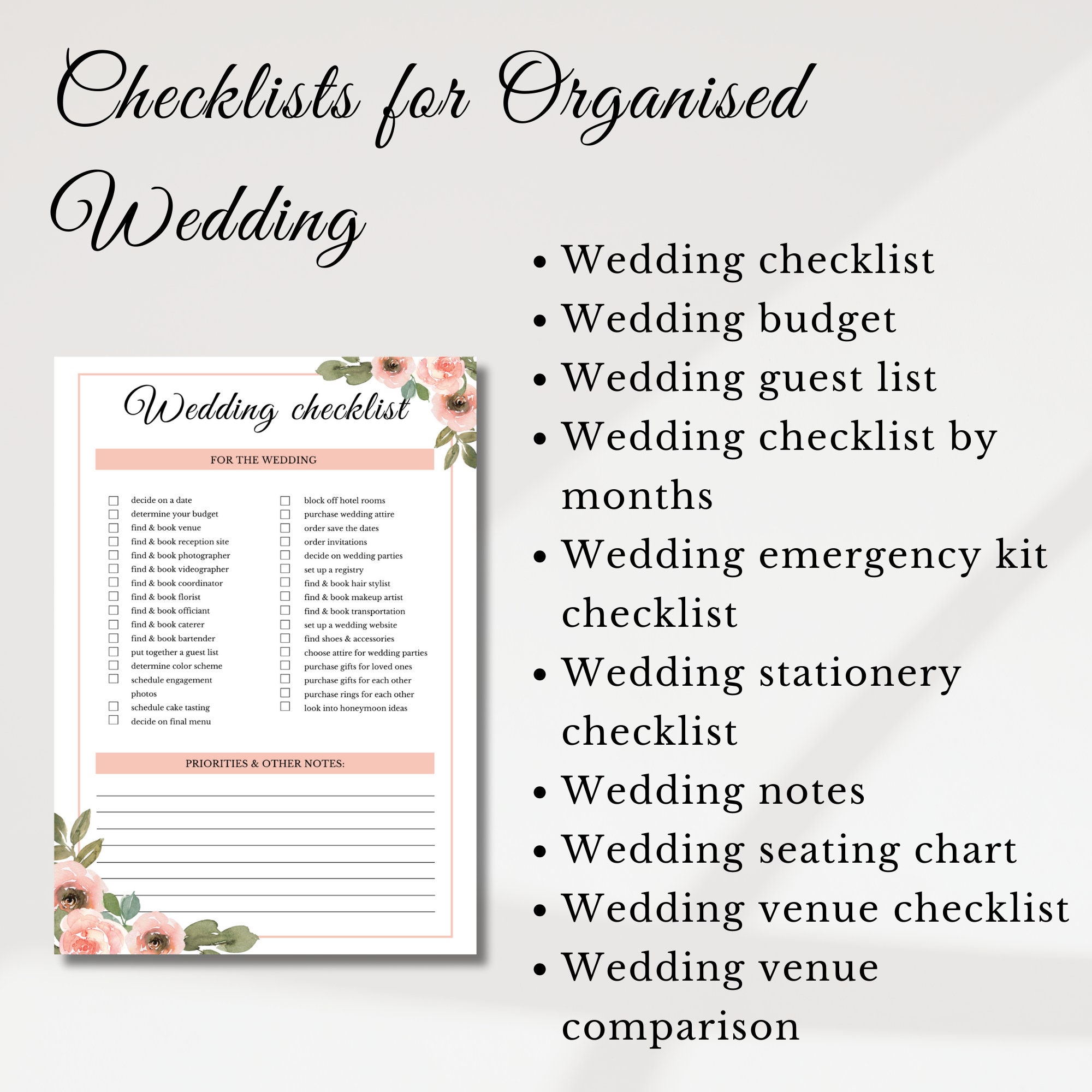 Peach Fuzz Wedding Checklist, Printable Floral Wedding Planner, Simple ...
