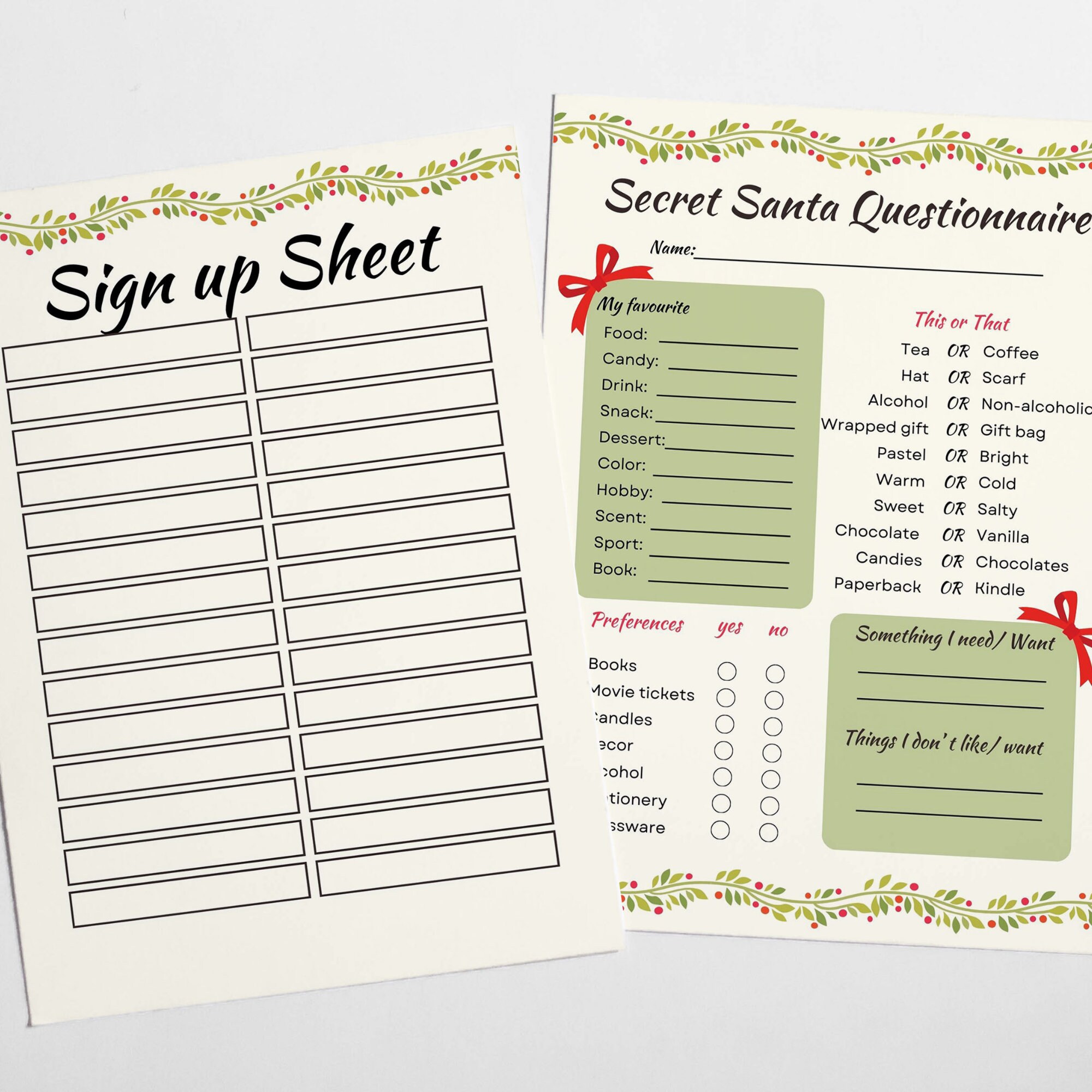 Secret Santa Questionnaire Bundle Printable Christmas Gift - Etsy