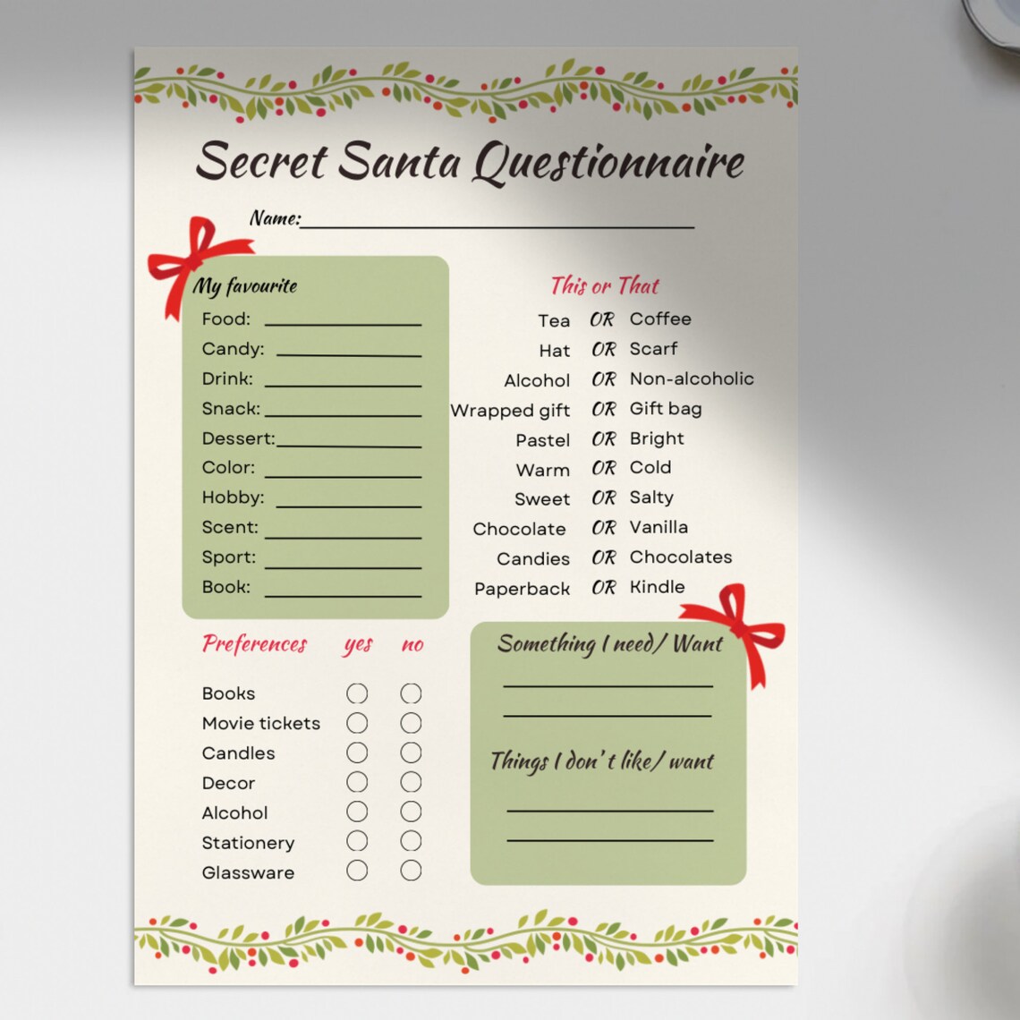 Secret Santa Questionnaire Bundle Printable Christmas Gift - Etsy