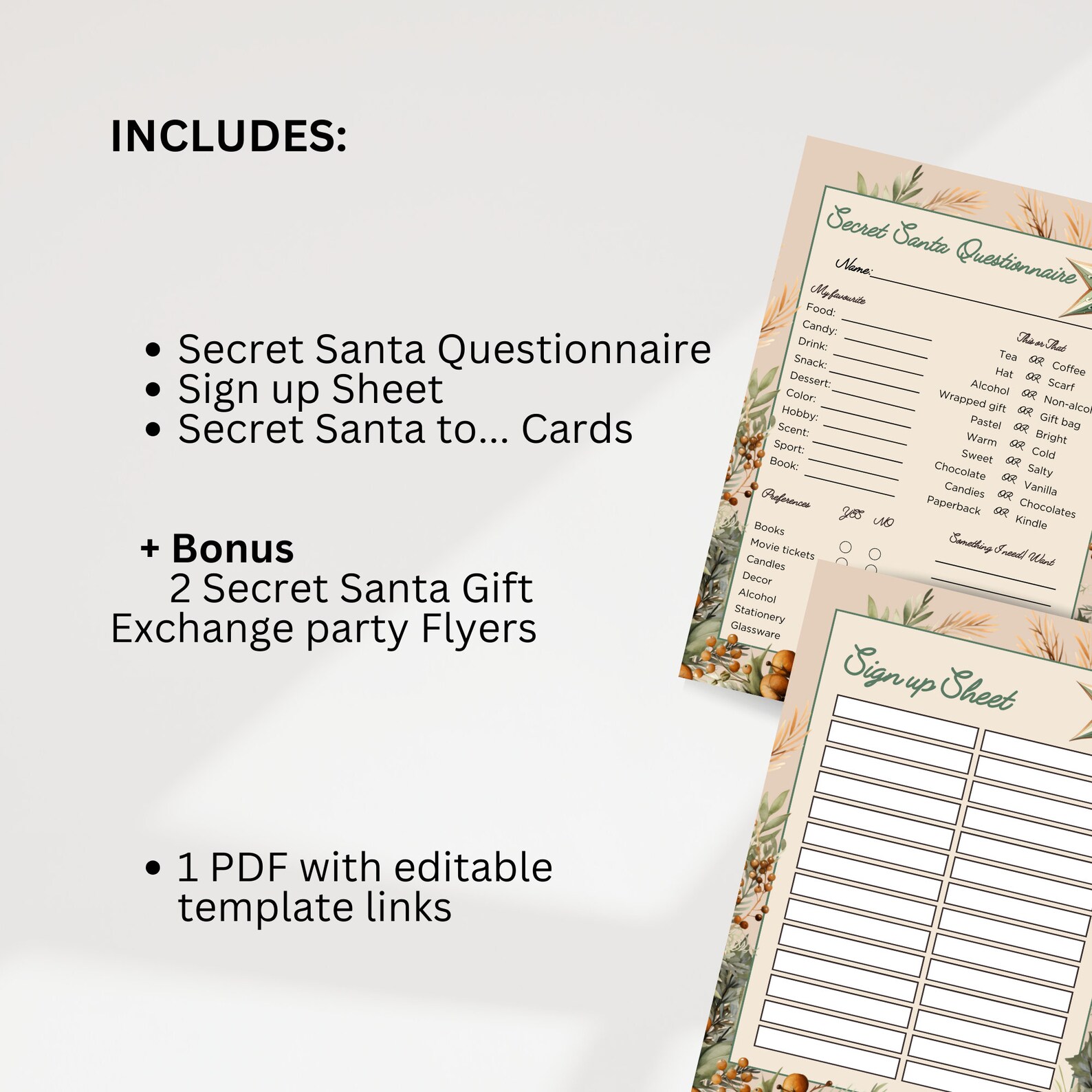 Editable Secret Santa Questionnaire Bundle | Office Gift Exchange ...
