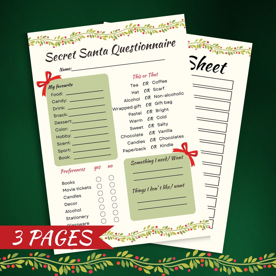 Secret Santa Questionnaire Bundle | Printable Christmas Gift List ...