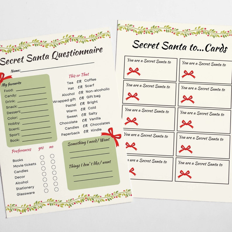 Secret Santa Questionnaire Bundle Printable Christmas Gift - Etsy