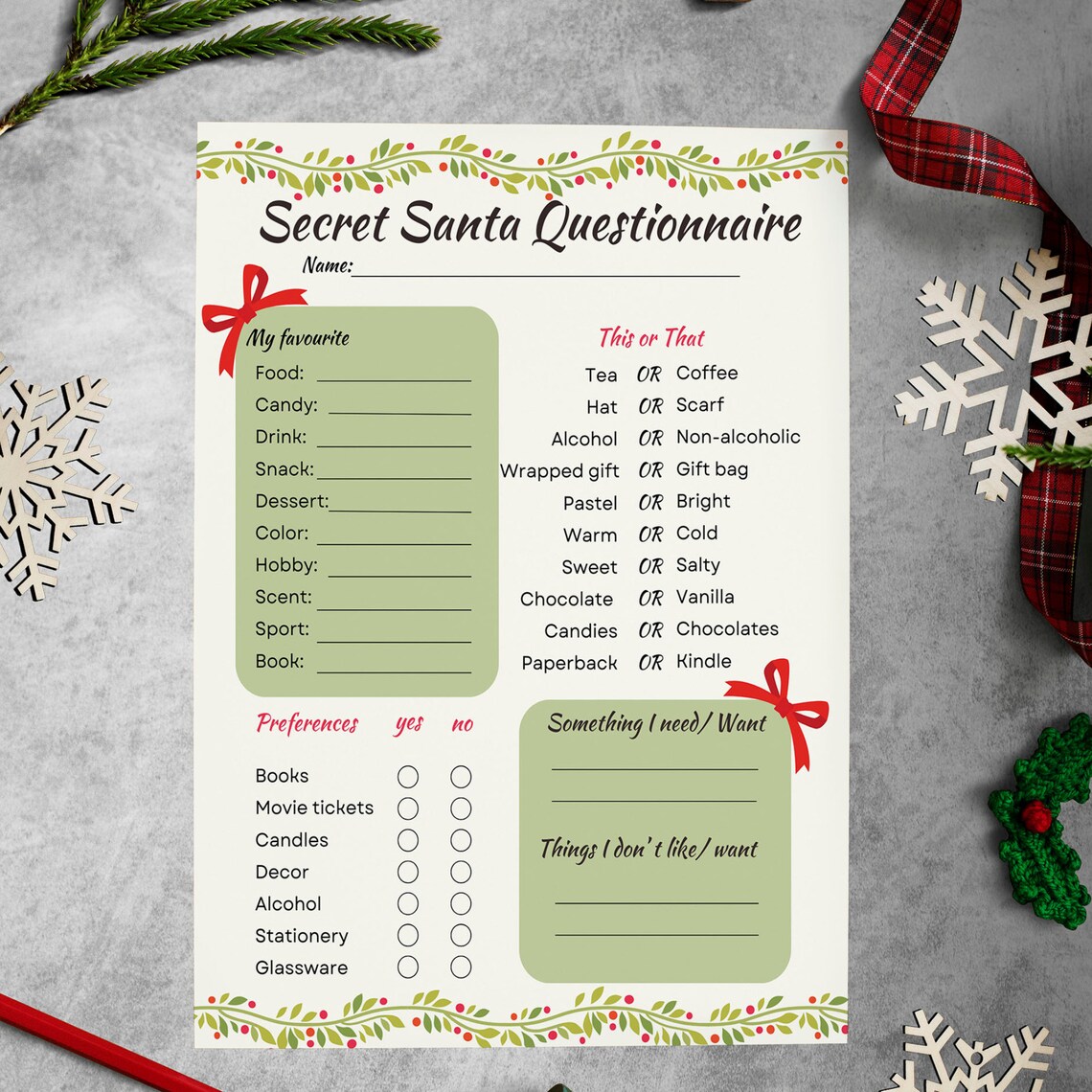 Secret Santa Questionnaire Bundle Printable Christmas Gift - Etsy
