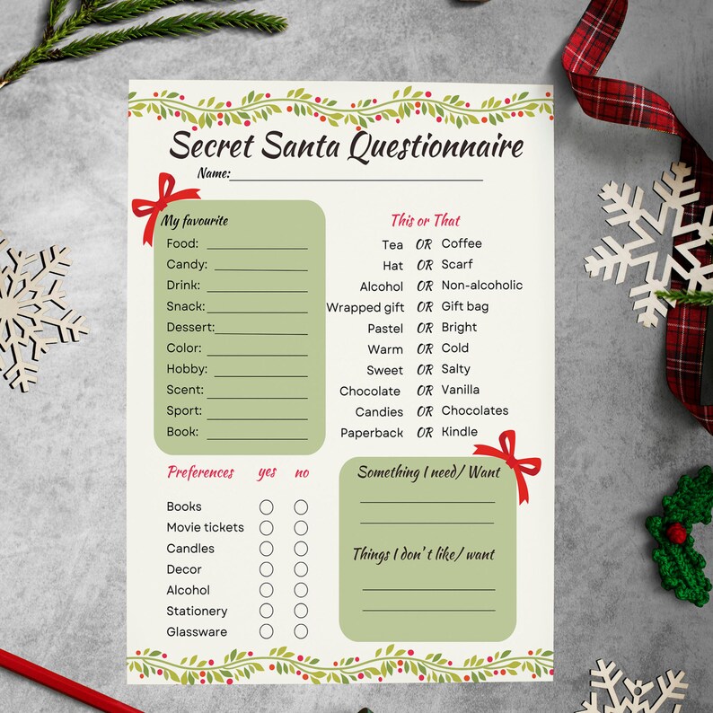 Secret Santa Questionnaire Bundle | Printable Christmas Gift List ...