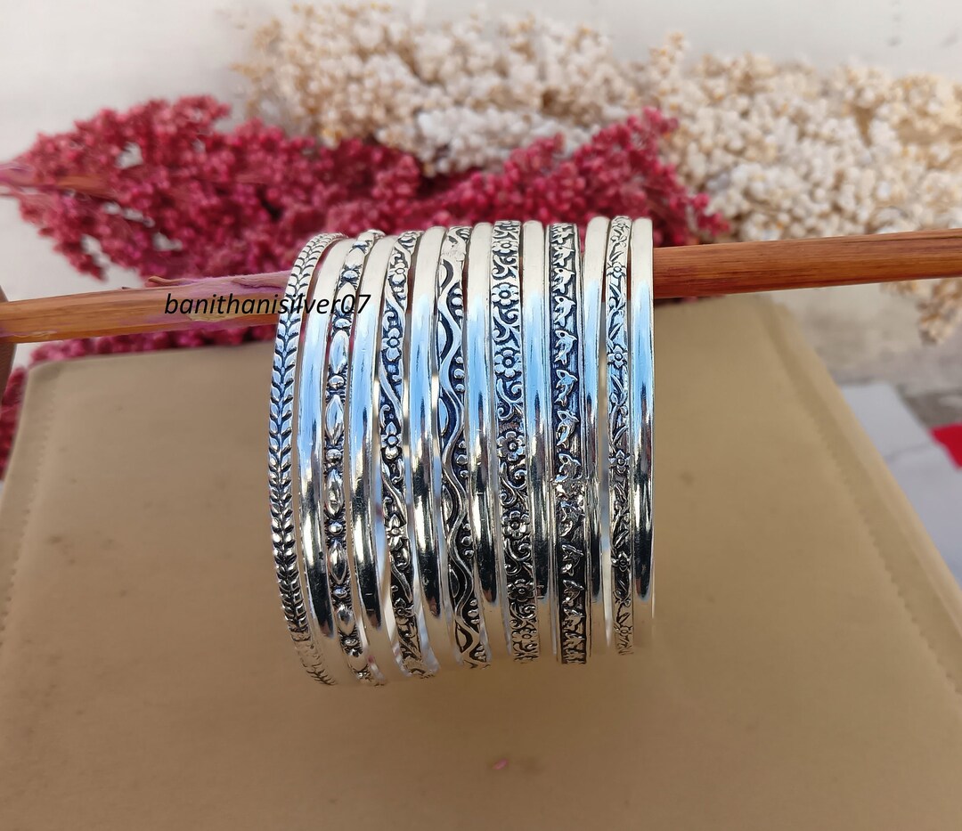 Set 14 Set of Bangles, Handmade Design Simple Half Round Flower Bangle ...