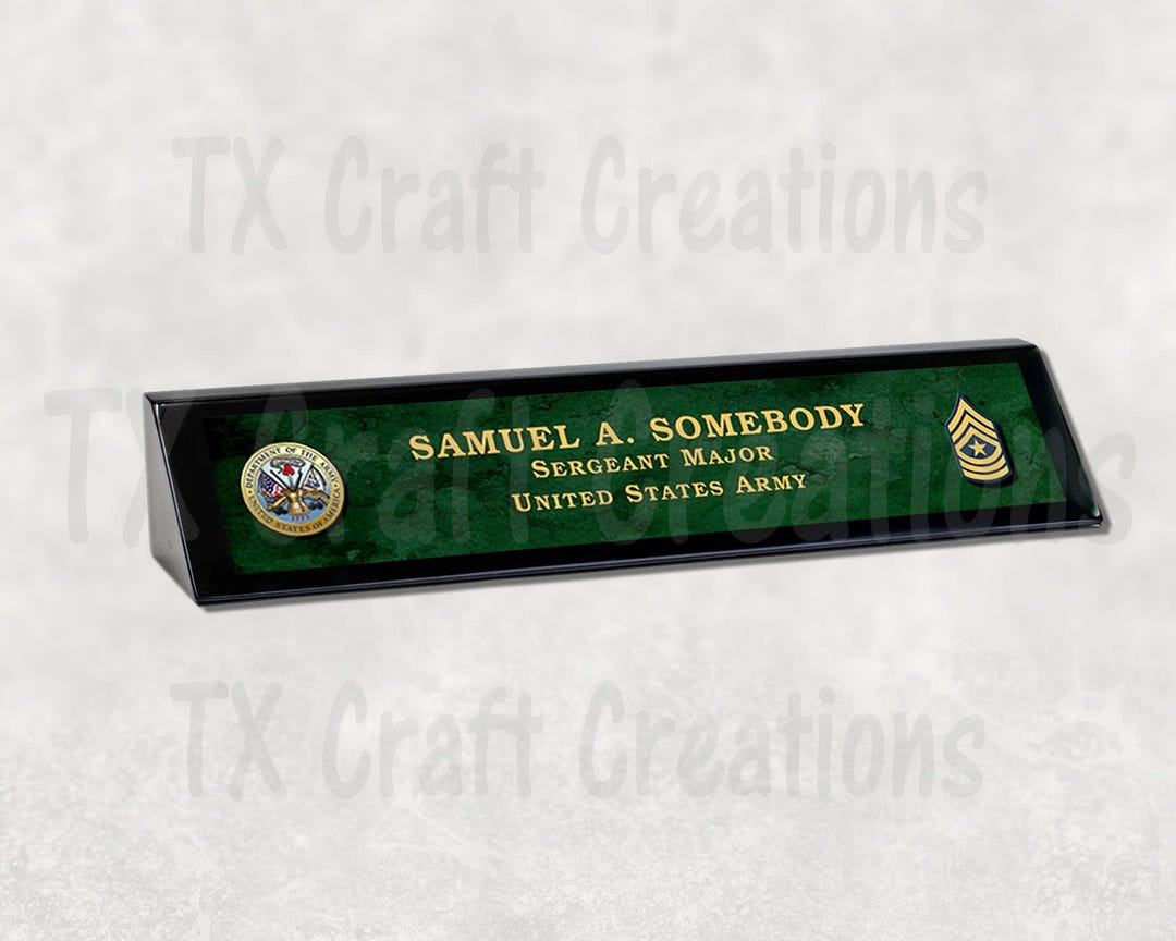 CUSTOM ARMY Black Desk Name Plate Executive Military Wedge All Ranks ...