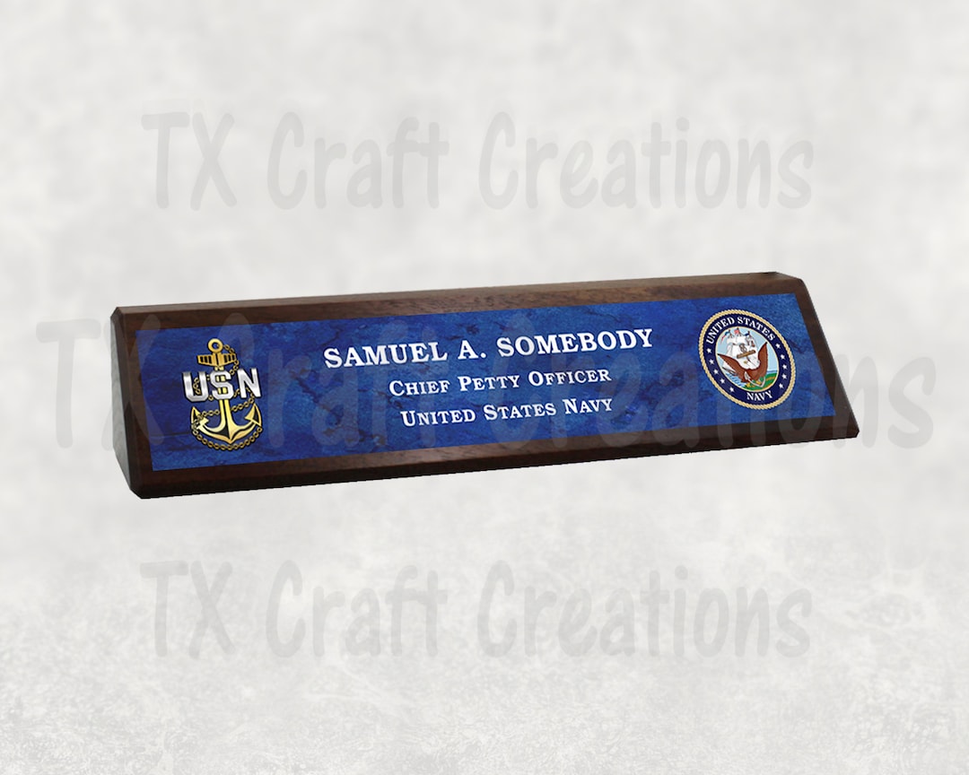 CUSTOM NAVY Walnut Desk Name Plate Executive Wedge All Ranks Available ...