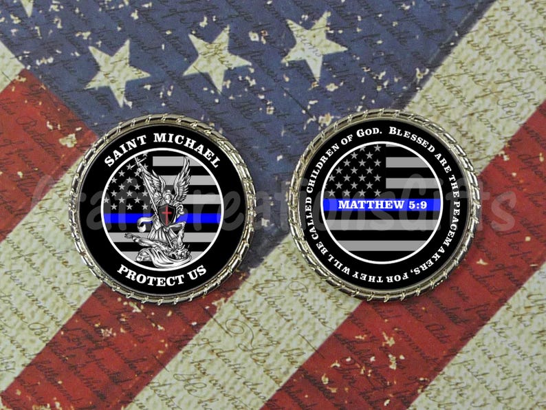 THIN BLUE LINE St Michael Subdued Flag Coin Police Law Enforcement ...