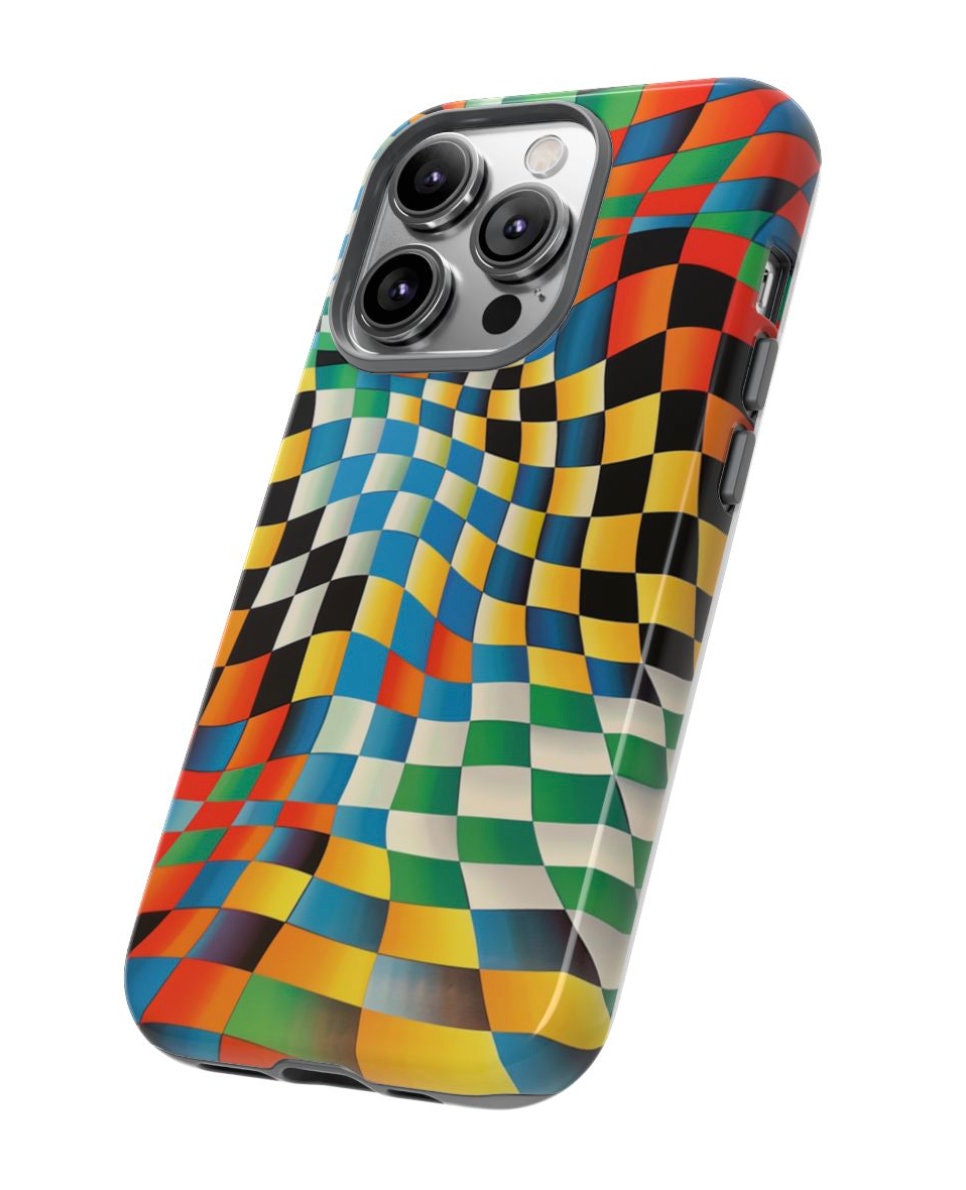 Vibrant Checkerboard Phone Case, Warped Optical Illusion Design in ...
