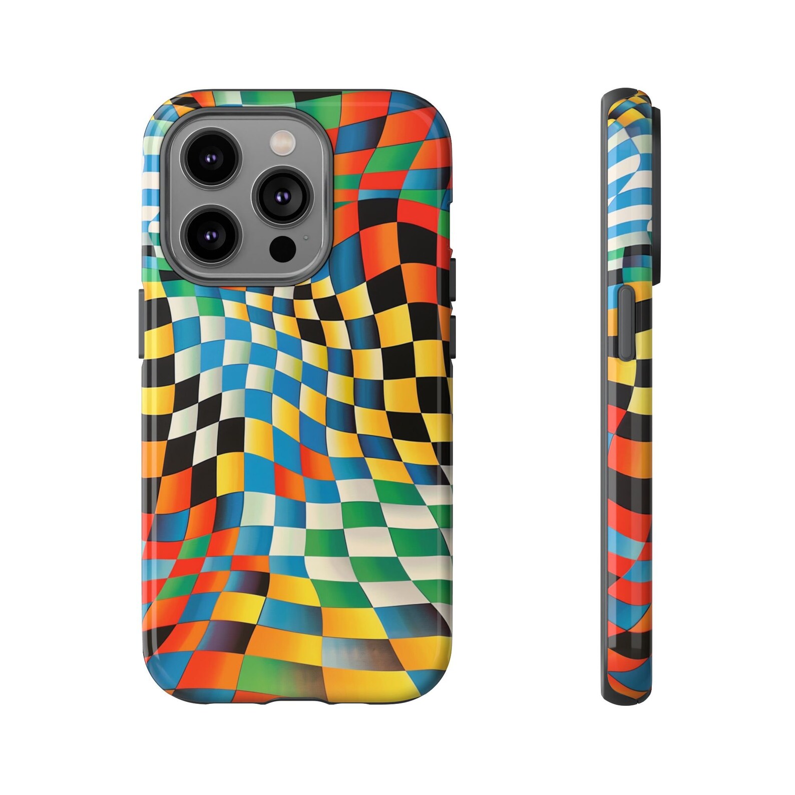 Vibrant Checkerboard Phone Case, Warped Optical Illusion Design in ...