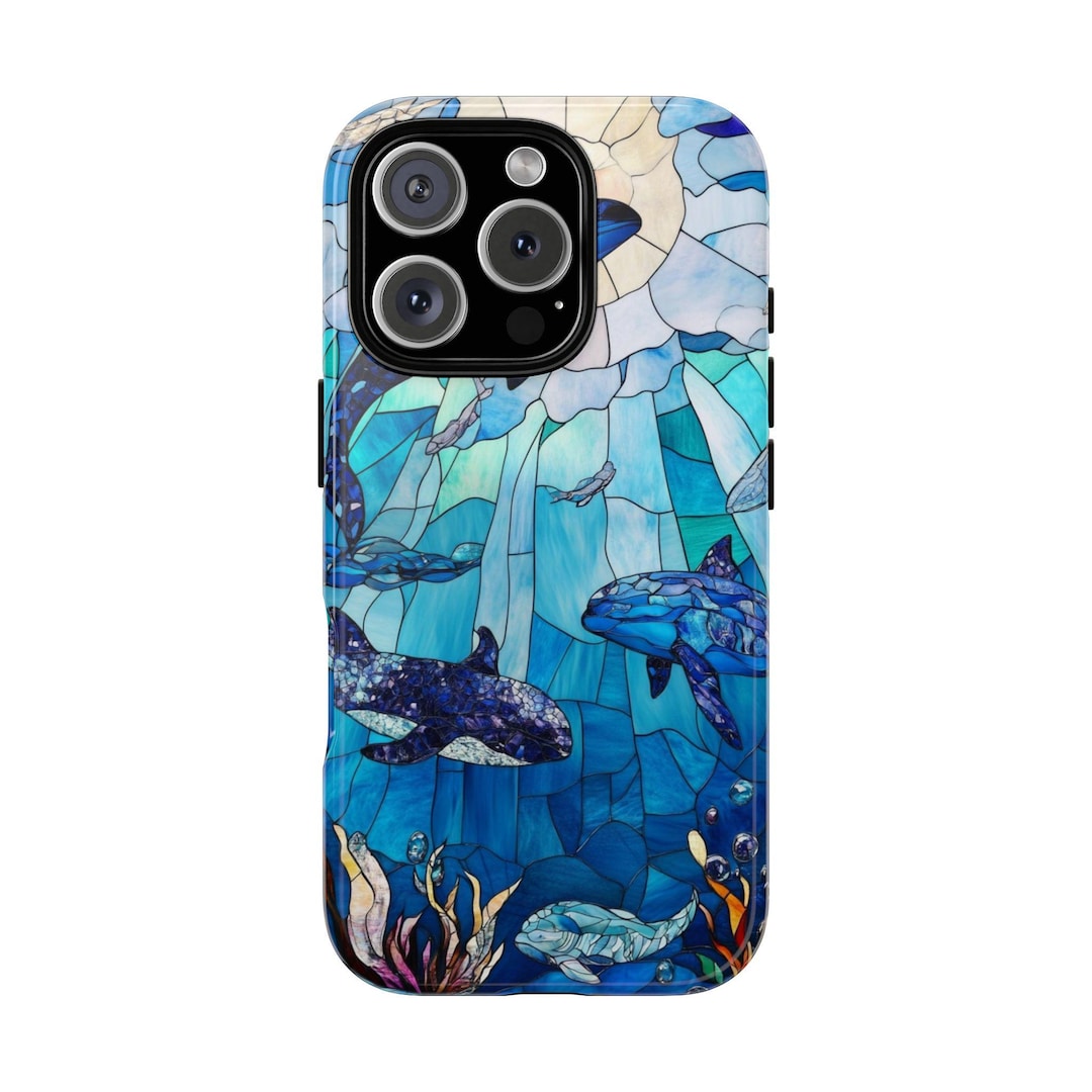 Stained Glass Ocean Phone Case, Blue Sea Life Art iPhone 16 and Samsung ...