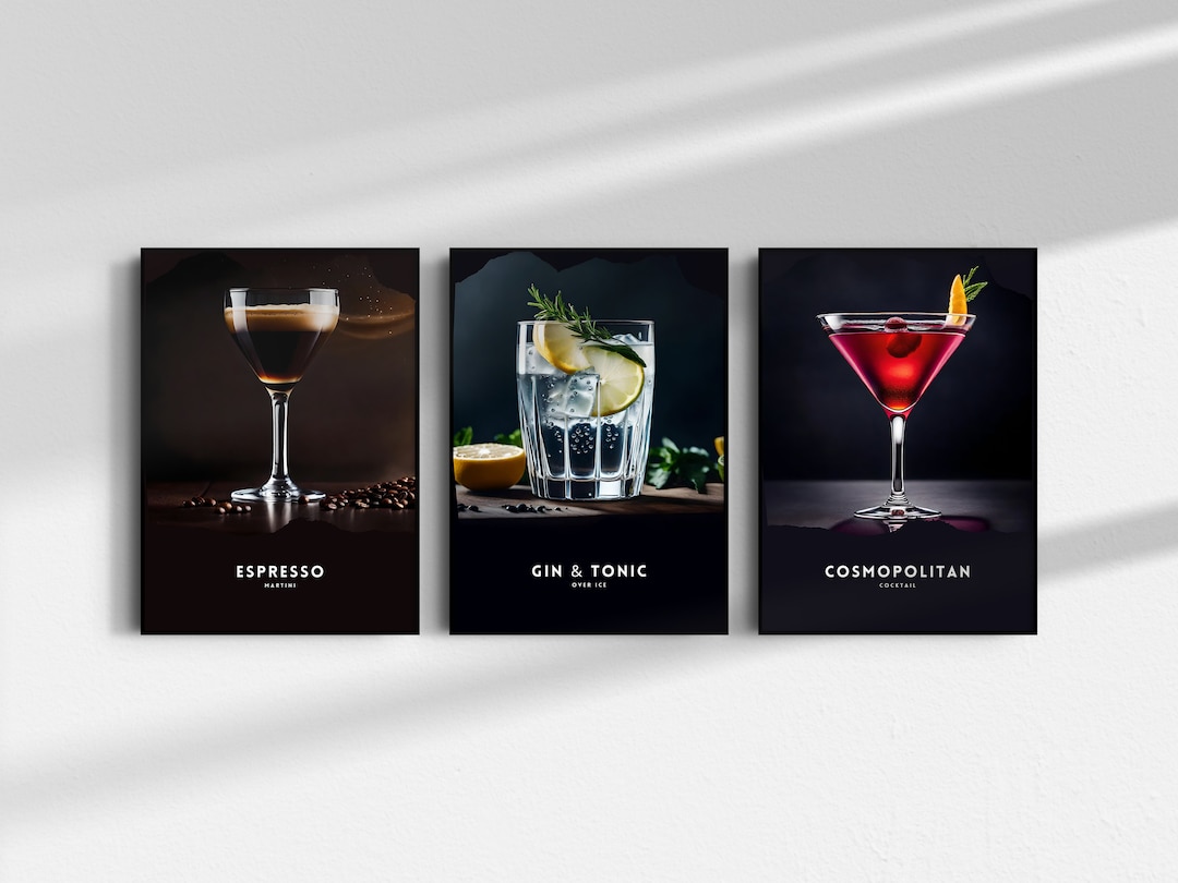 3 Classic Cocktail Posters, Bar Cart Decor, Alcohol Posters, Set of 3 ...