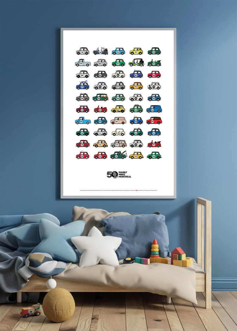 24x36 Poster – 50 Mini Coopers Classic Cars Illustrated Cartoon Style ...