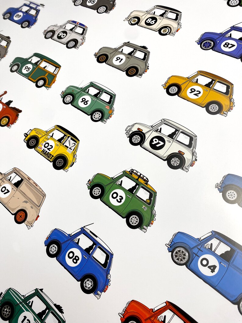 24x36 Poster 50 Mini Coopers Classic Cars Illustrated Cartoon Style - Etsy