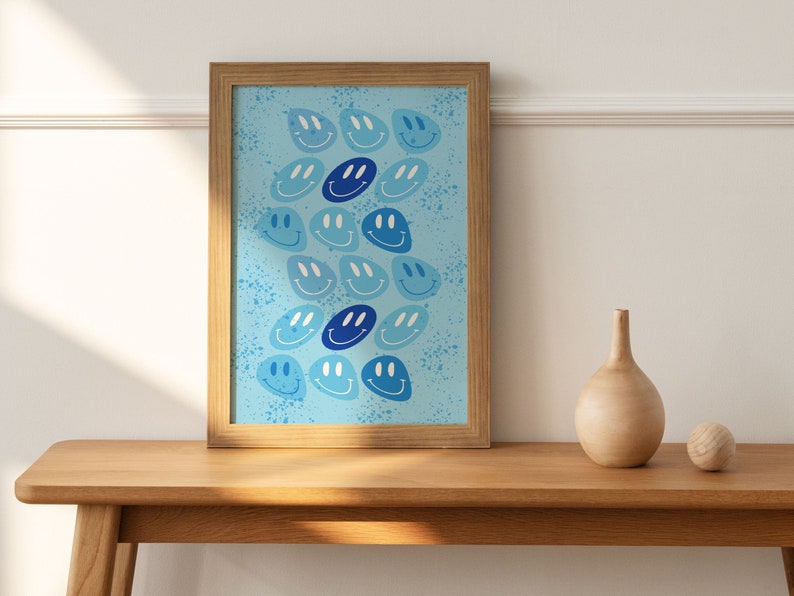 Blue Preppy Smiley Face Printable Art Happy Face Poster Indie - Etsy