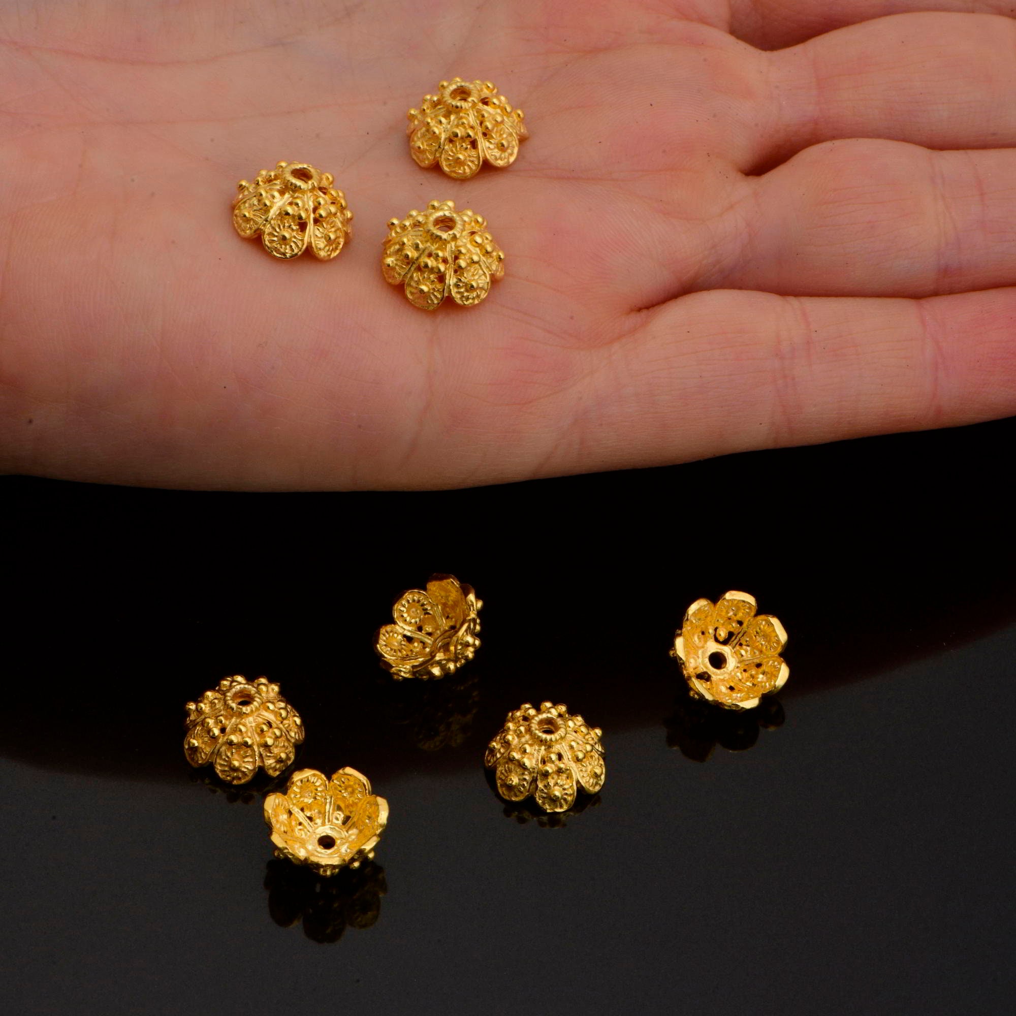 24K Gold Vermeil Filigree Bead Caps, Handmade Silver Bead Caps in 24K ...