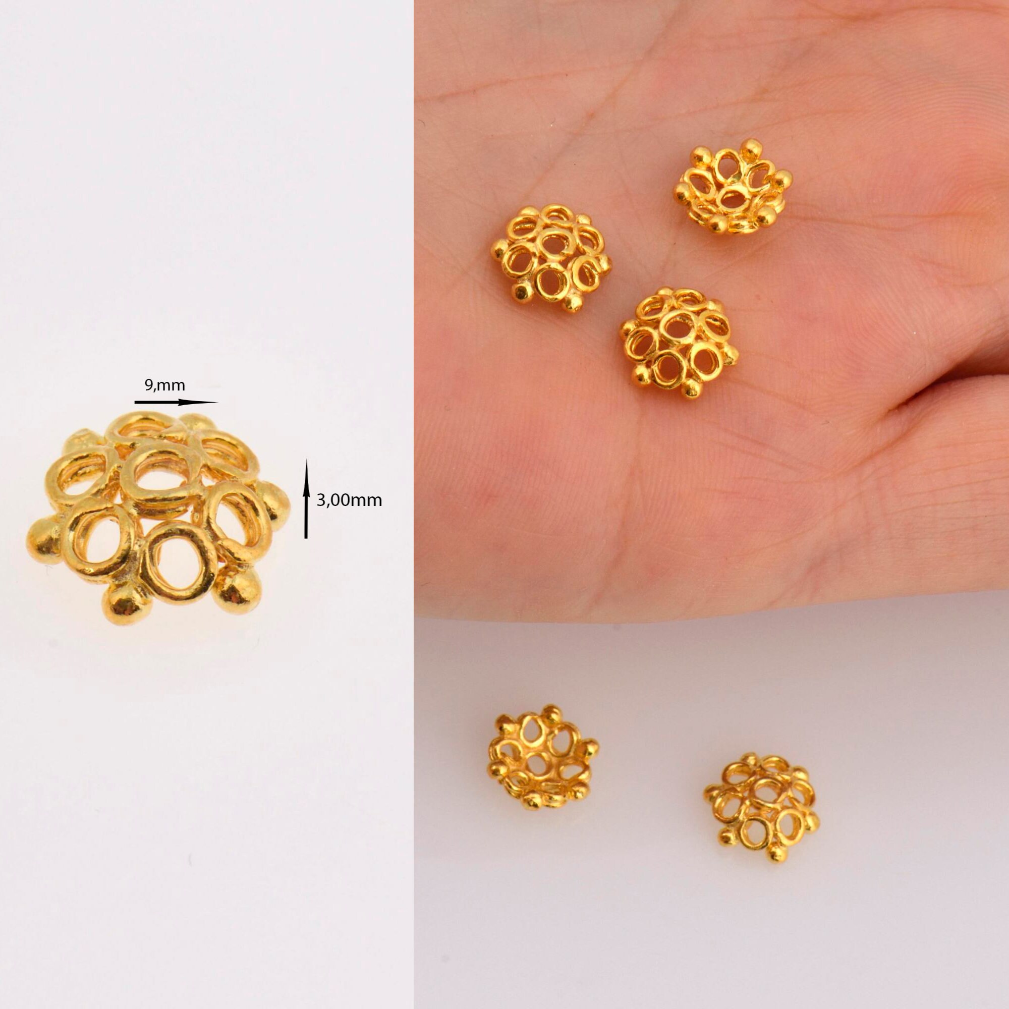 24K Gold Vermeil Flower Bead Caps, 24K Gold Plated Bead Caps, 925 Solid ...