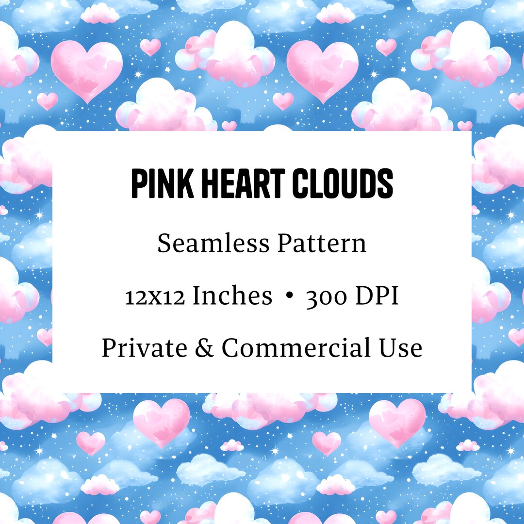 Heart Clouds Seamless Pattern - Dreamy Sky High-resolution Digital Texture, Pink Heart Cloud ...