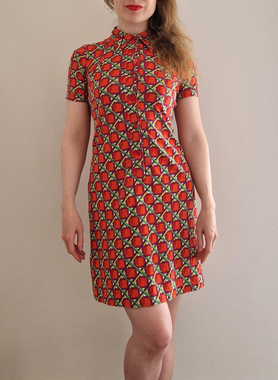 1970s Vintage Cotton Jersey Dagger Collar Polo Mini Dress Bright ...