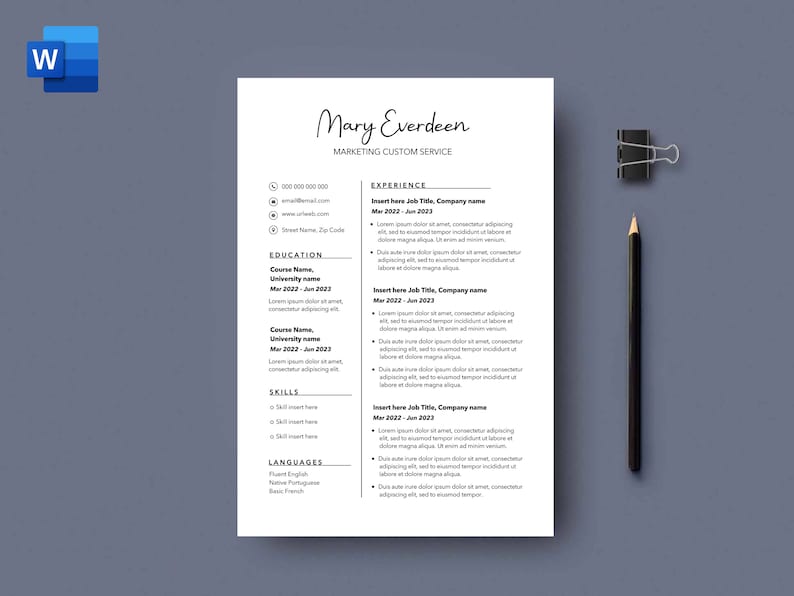 CV TEMPLATE, Resume Template, Cv Design Word, Minimalist Clean Resume ...