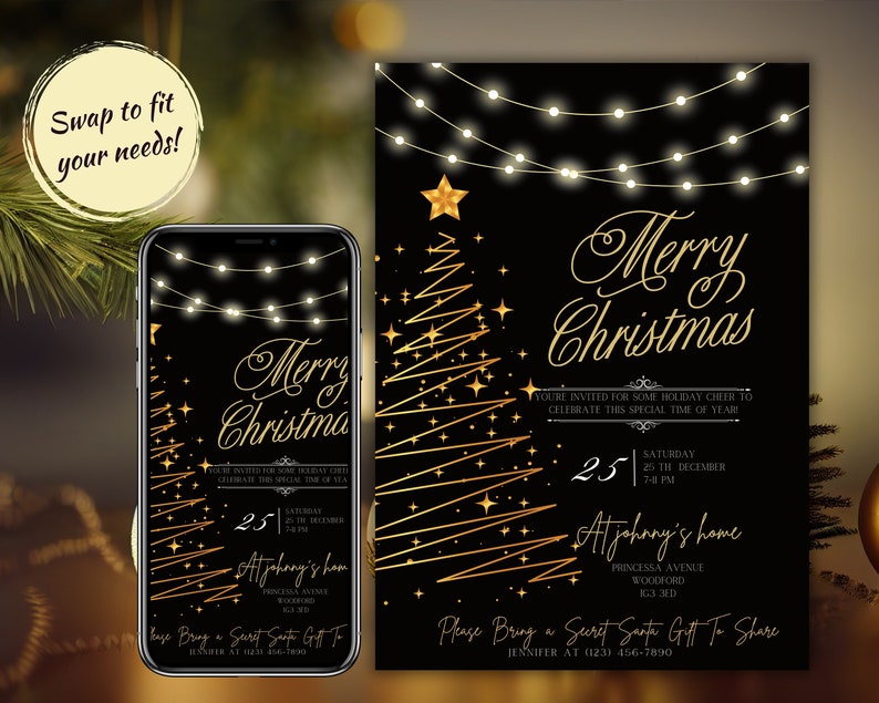 Editable Christmas Party Invitation Christmas Black Party Invite ...