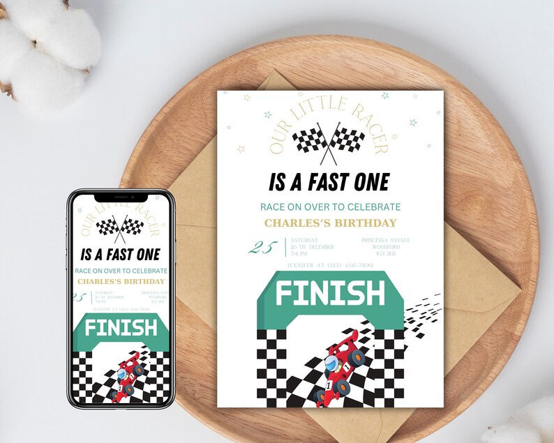 Editable Fast One Racing Car First Birthday Invitation 1st Birthday ...
