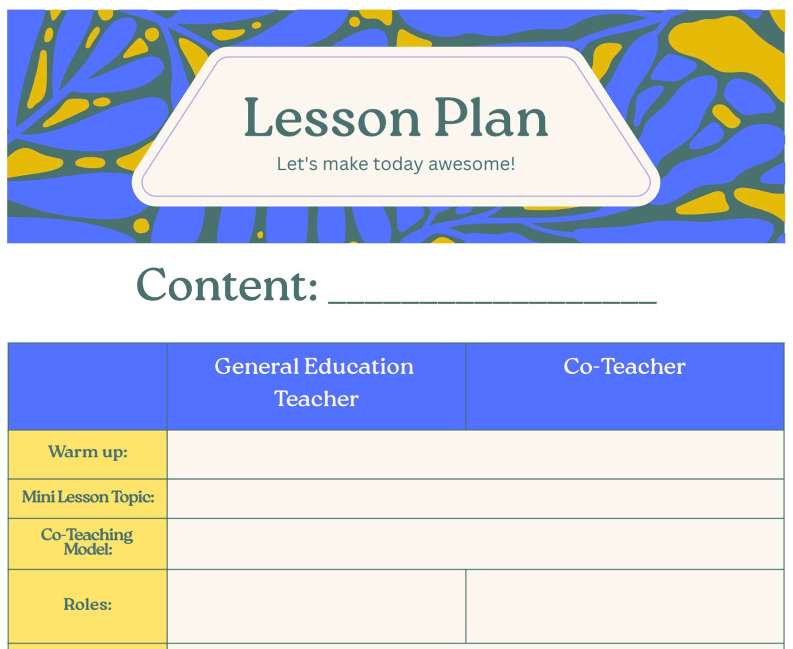 Co-teaching Lesson Plan Template - Etsy