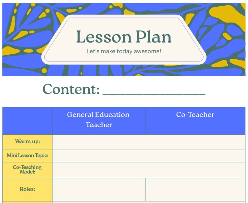 Co-teaching Lesson Plan Template - Etsy