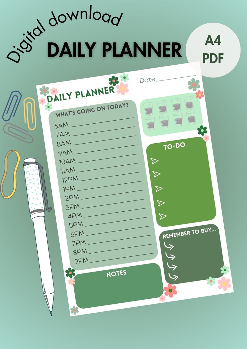 Daily Planner, Digital Download, Green, Flowers, A4 PDF Printable, Good ...