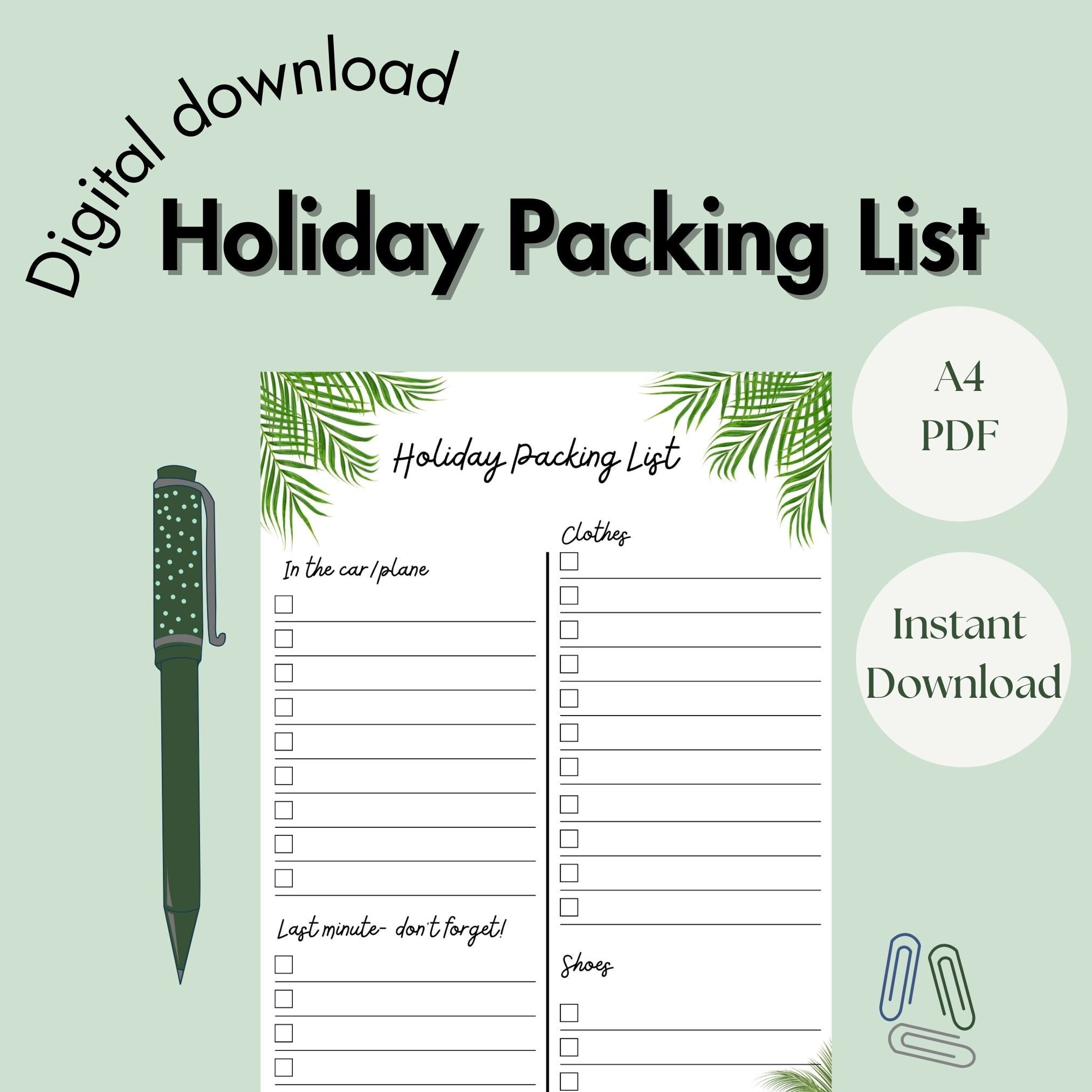 Holiday Packing List Template, Digital Download, Beach Theme, A4 PDF ...