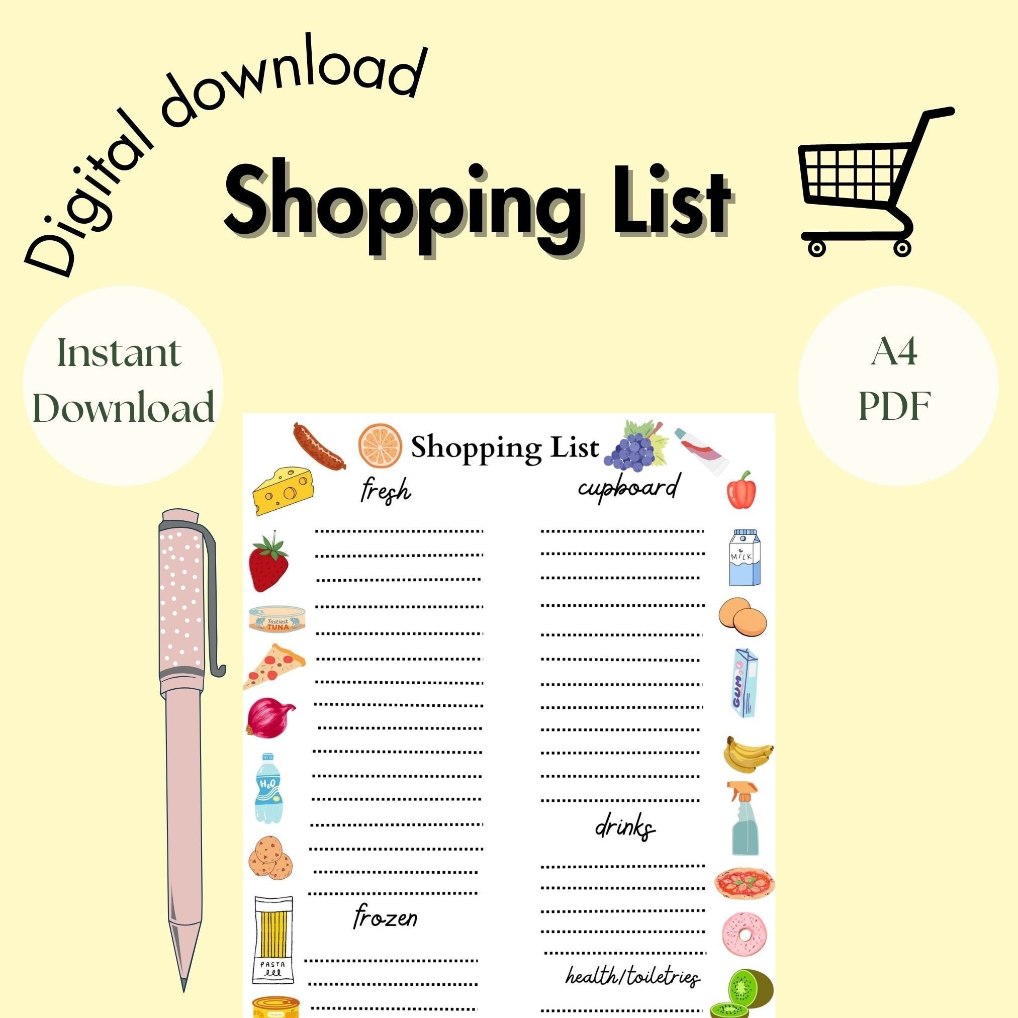 Shopping List Template, Digital Download, A4 PDF, Printable, Good Notes ...