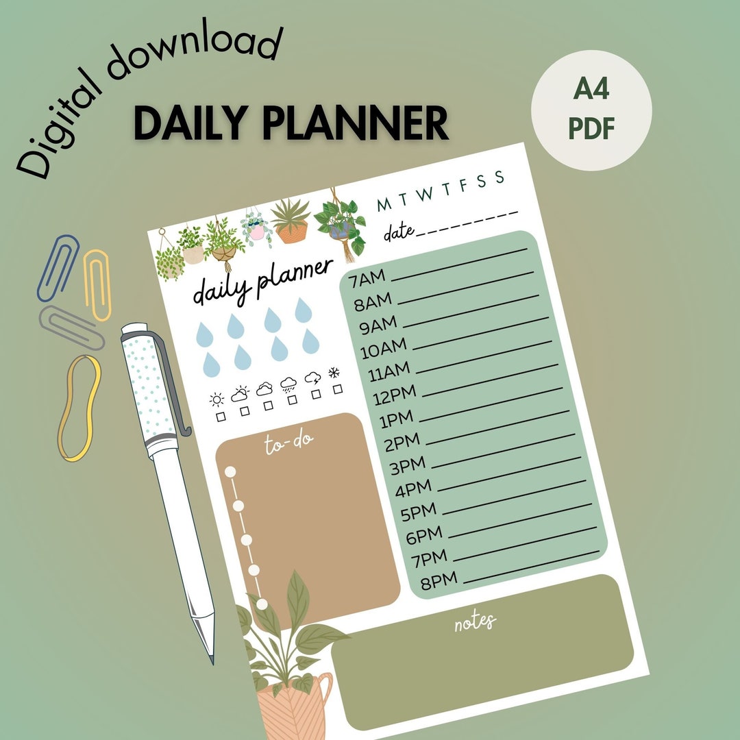 Daily Planner, Digital Download, Plant Theme, A4 PDF Printable. Good ...