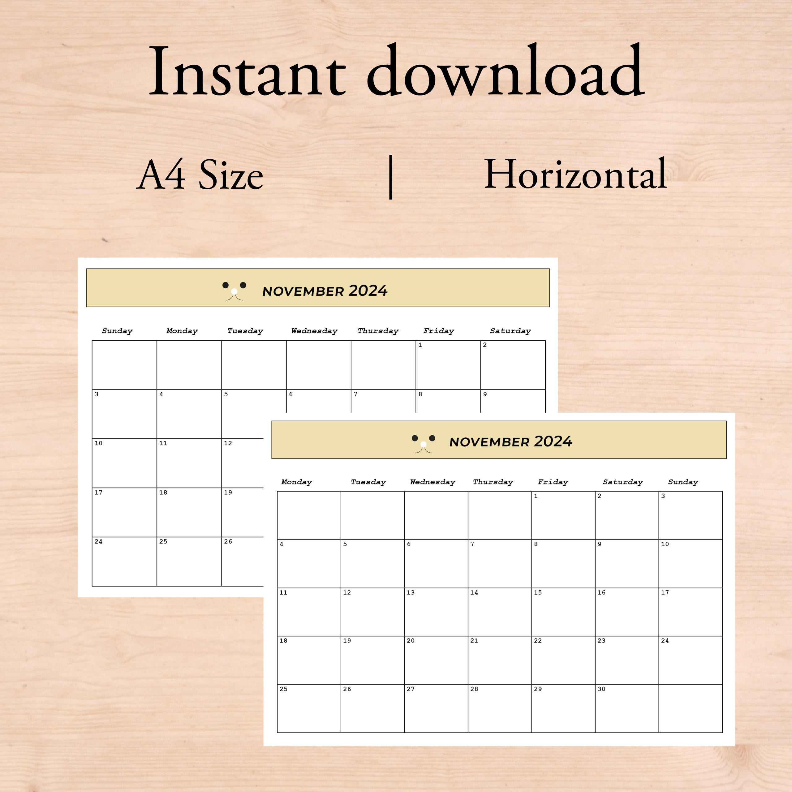 Calendar 2024 Printable Year Calendar A4 PDF Monday & Sunday Start - Etsy