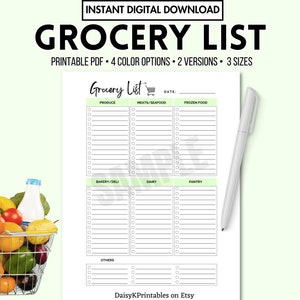 Grocery List Digital Download Printable PDF, Grocery Planner, Food ...