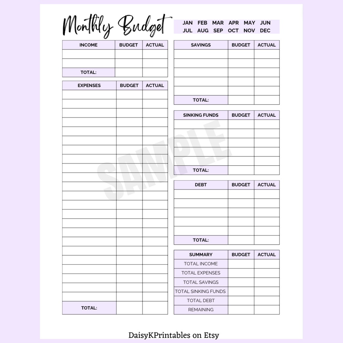 Monthly Budget Printable PDF Digital Download Budget Planner - Etsy