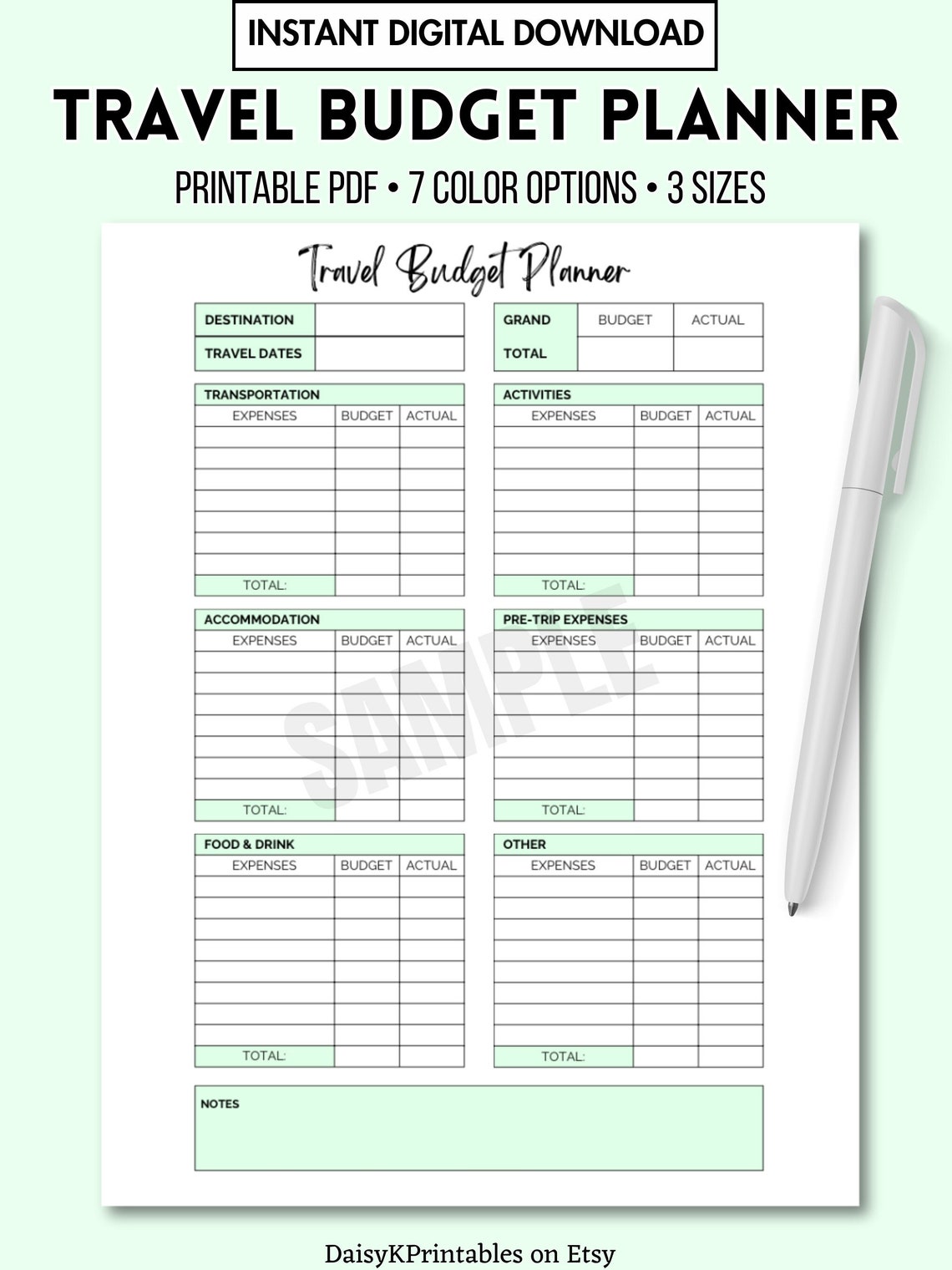 Travel Budget Planner Digital Download Printable PDF, Vacation Budget ...