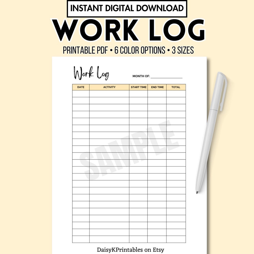 Work Log Digital Download Printable PDF, Work Tracker, Log Work Hours ...