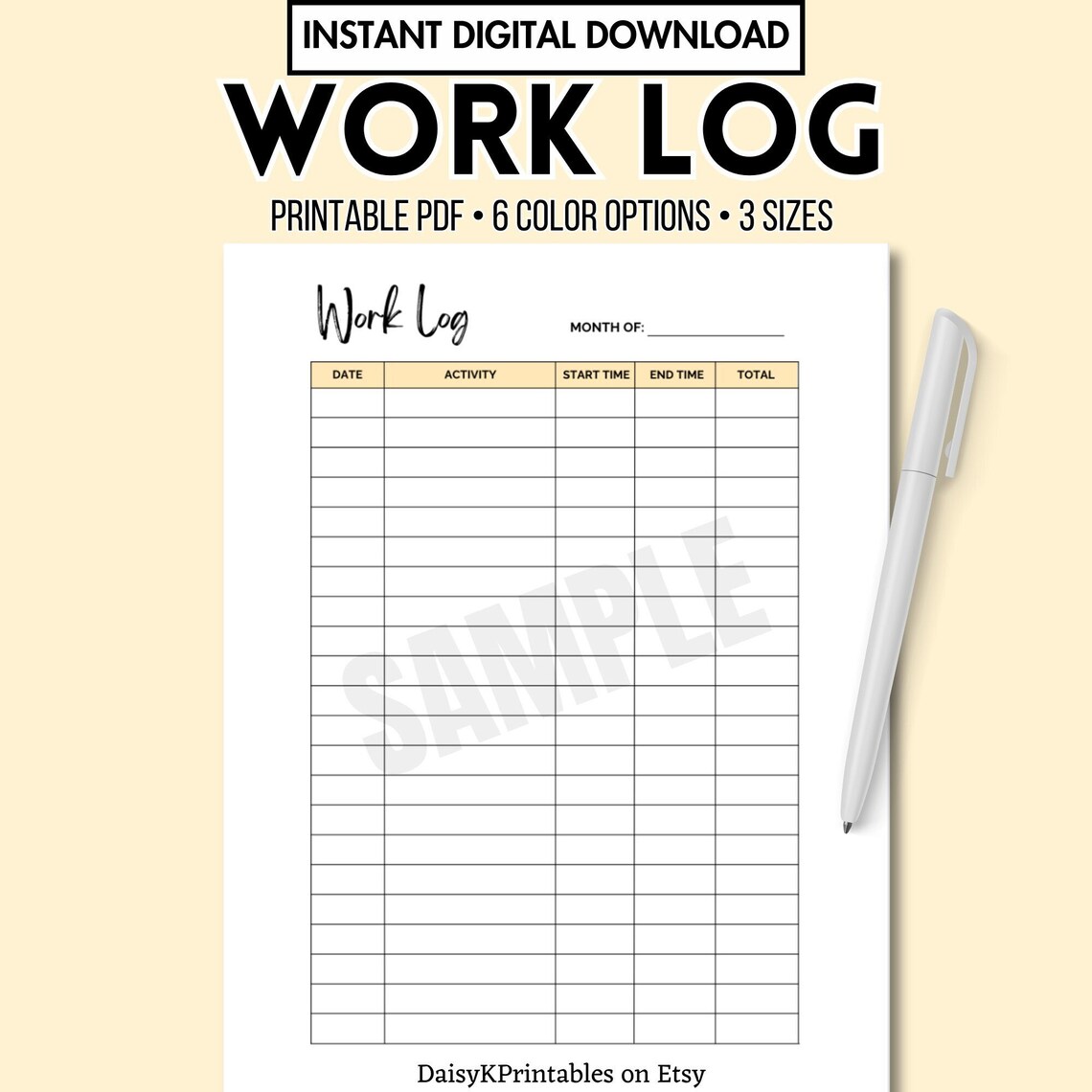 Work Log Digital Download Printable PDF, Work Tracker, Log Work Hours ...