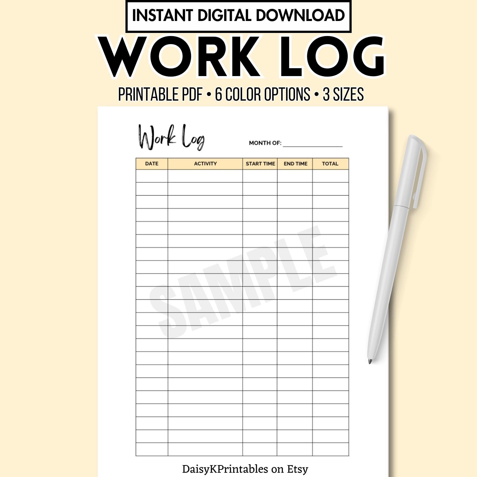 Work Log Digital Download Printable PDF, Work Tracker, Log Work Hours ...