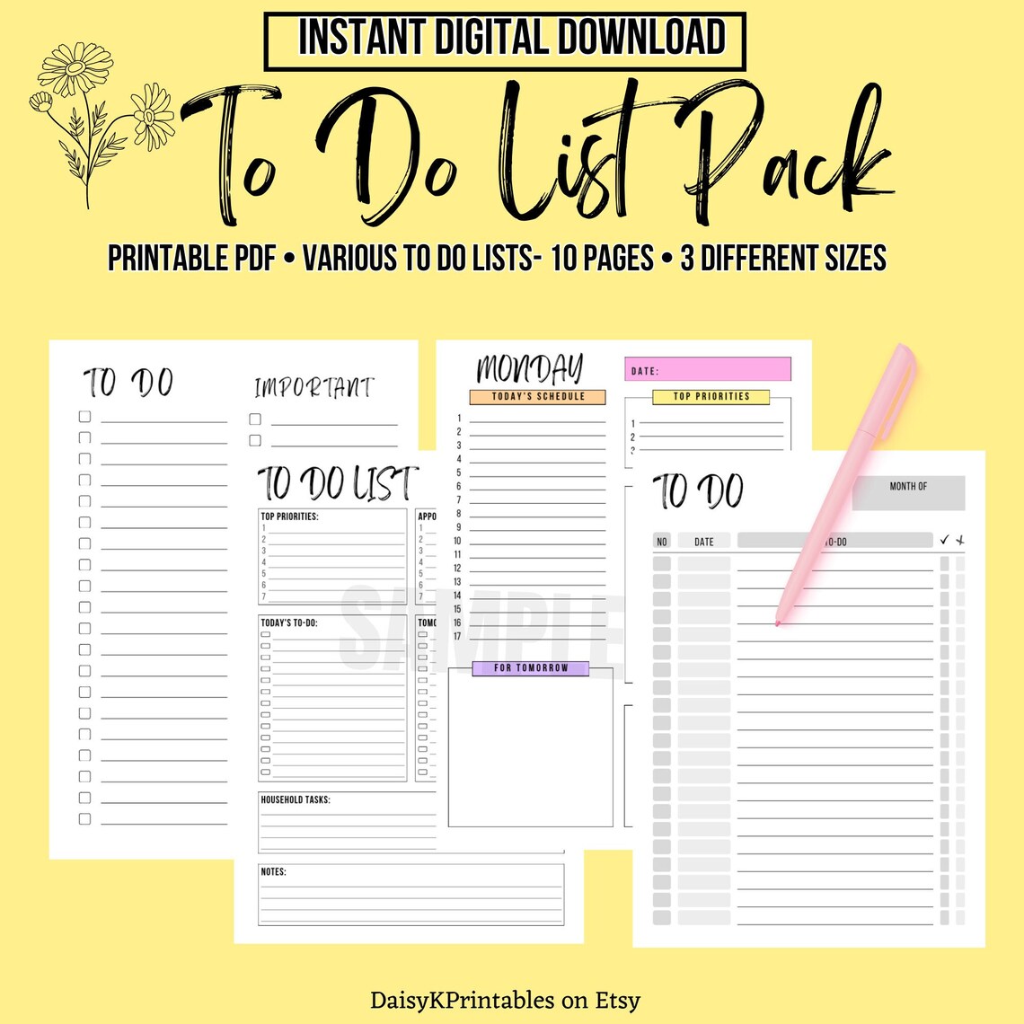 To Do List Pack PDF Digital Download Colorful Daily to Do - Etsy